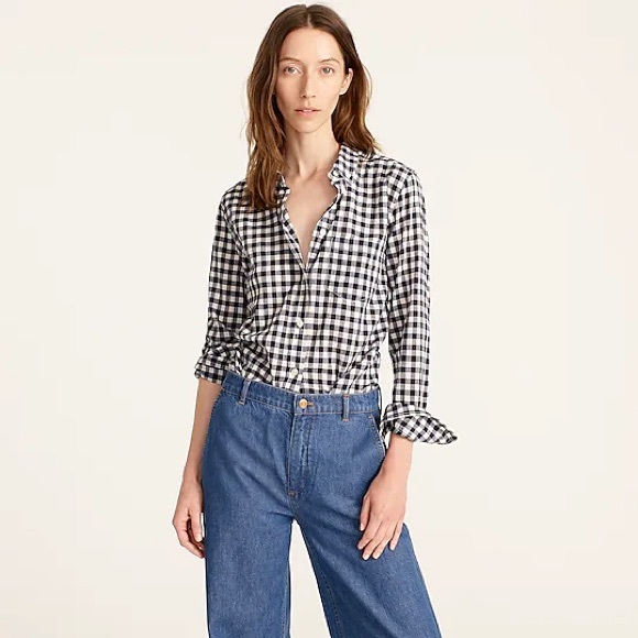 J. Crew | Tops | Jcrew C686 Navy Gingham Check Crinkle Boyfriend Shirt ...